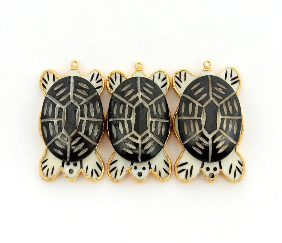 Carved Bone Turtle Pendant With 24K Gold Electroplated Edge and Bail ...