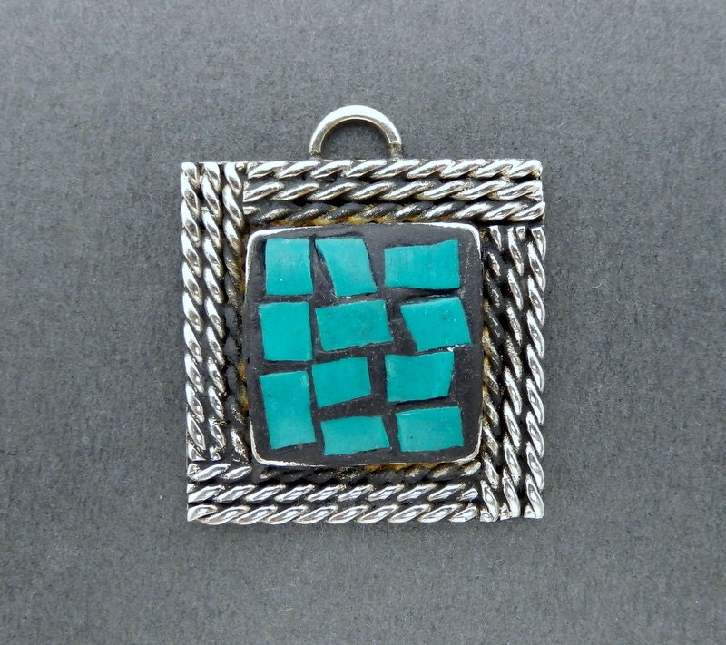 Square Turquoise Color Mosaic Brass Pendant S4B5-12 | Etsy