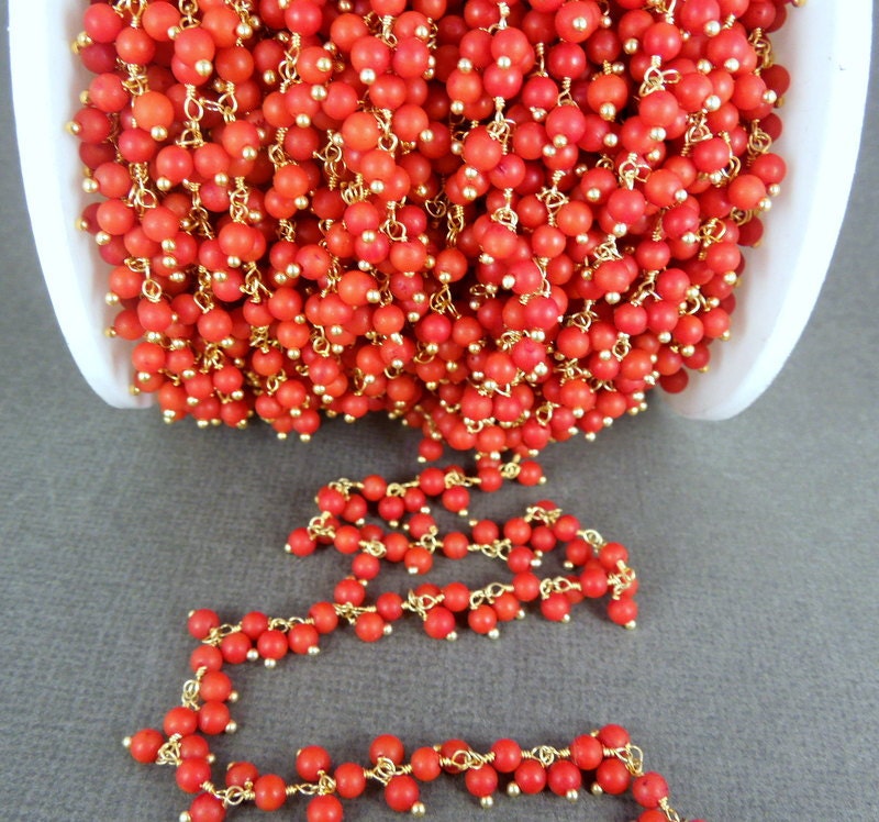 Red Coral Color Gold Wire Wrapped Chain-- 4mm Red Coral Dangle Chain ...
