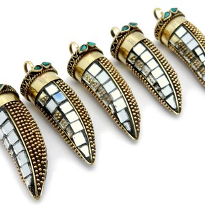 Tibetan Mosaic Mirror and Brass Dotted Horn Pendant With Small ...