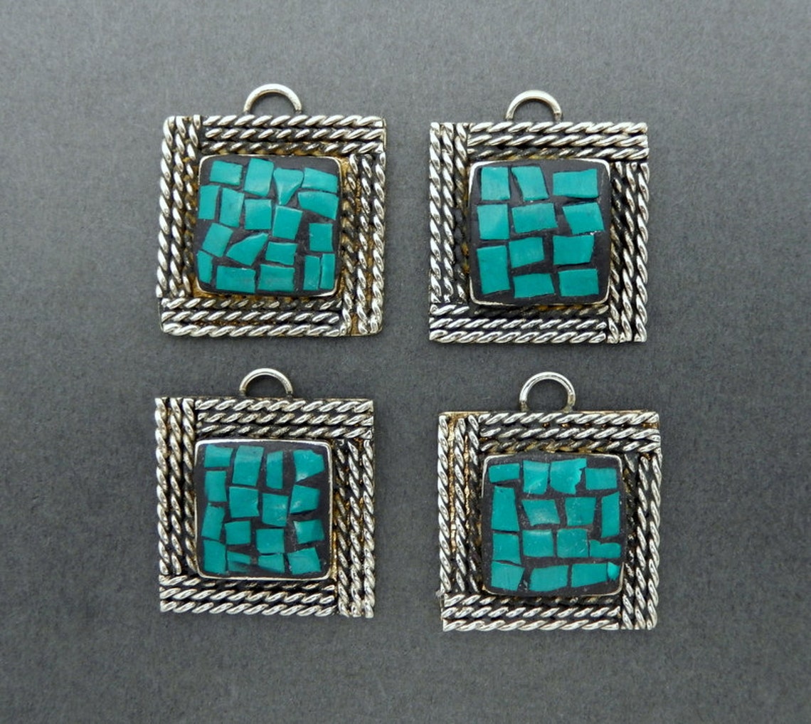 Square Turquoise Color Mosaic Brass Pendant S4B5-12 | Etsy