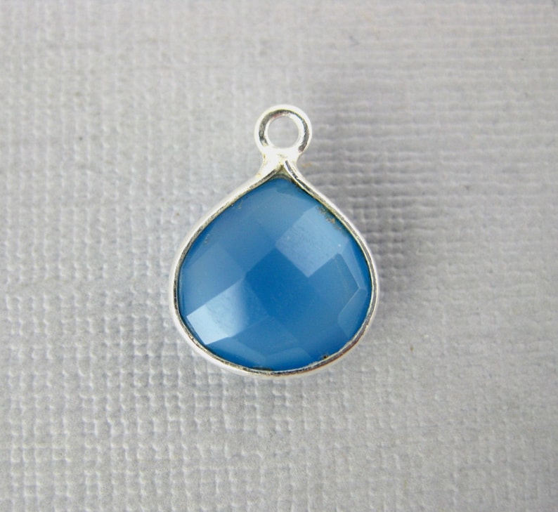Blue Chalcedony Station Drop Charm Pendant - 10mm Sterling Silver Bezel ...