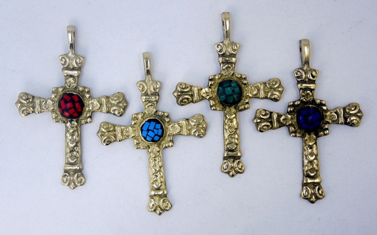 Large Brass Cross - Tibetan Cross - Cross With Lapis Lazuli Mosaic ...