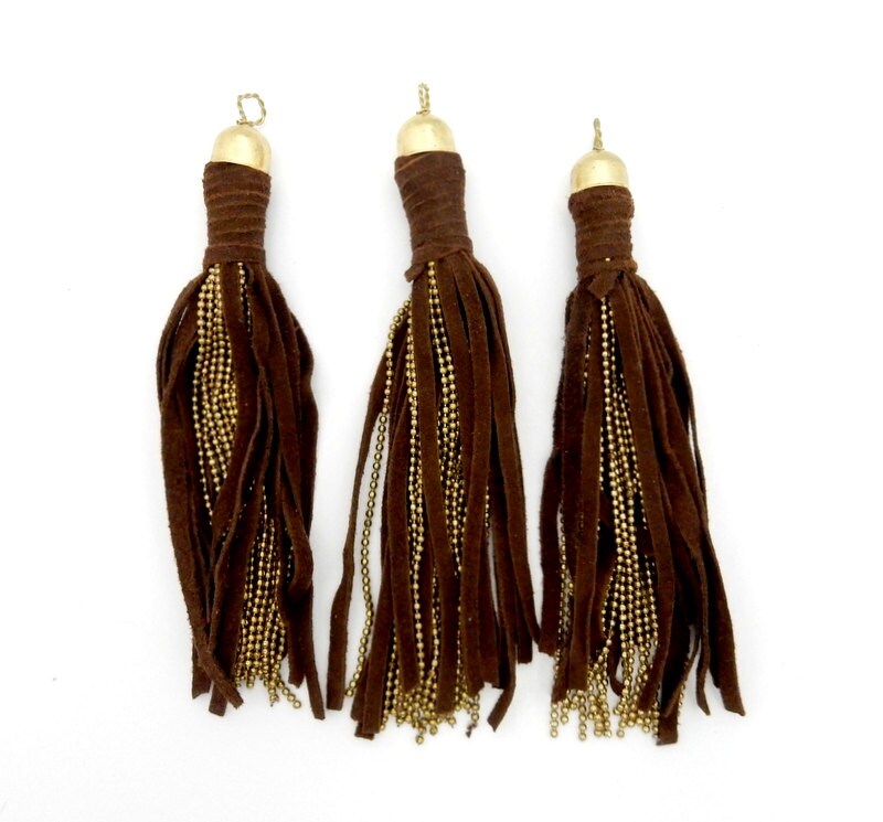 Tassel Pendant Brown Leather Strand Tassle With Gold Toned | Etsy