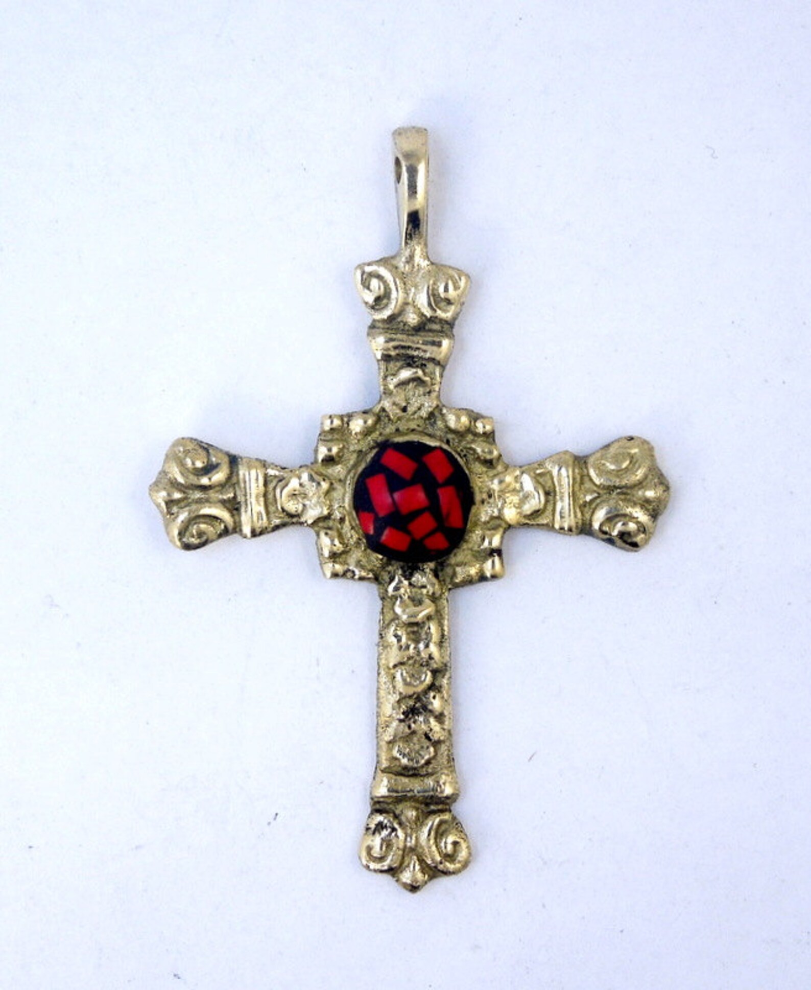 Large Brass Cross - Tibetan Cross - Cross With Dyed Red Coral Mosaic ...