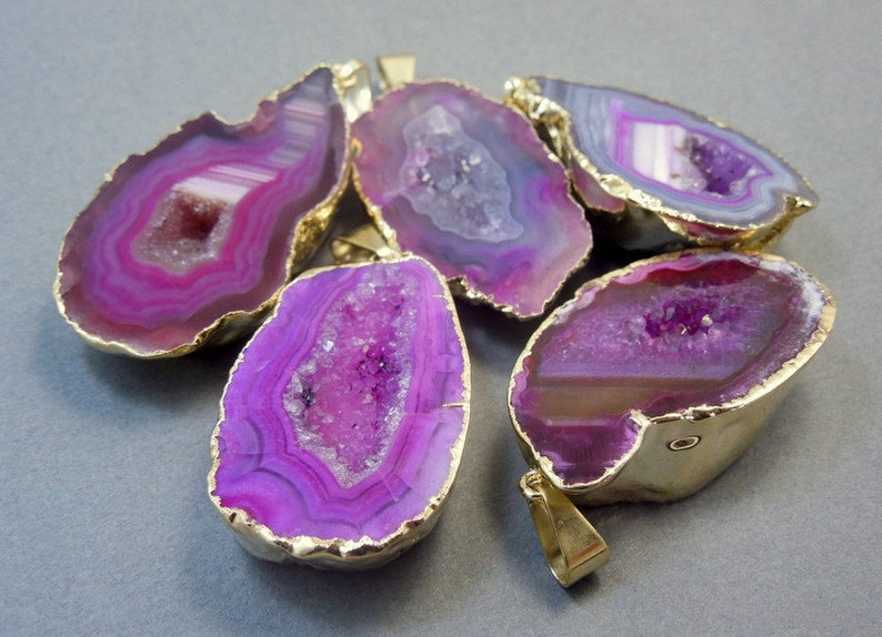 Hot Pink Agate Druzy Geode Pendant With Electroplated 24k Gold Edges ...