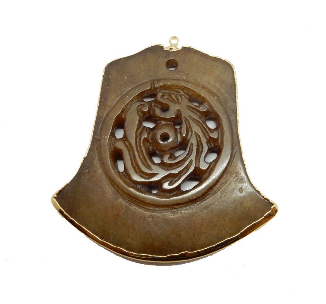 Dark Brown Jade Shield Pendant With Intricate Carved Center Design ...
