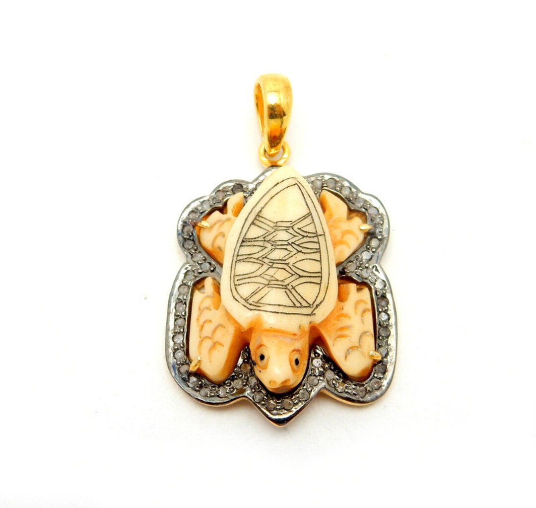 Brown Bone Turtle in a Gold Over Oxidized Sterling Silver and Pave ...