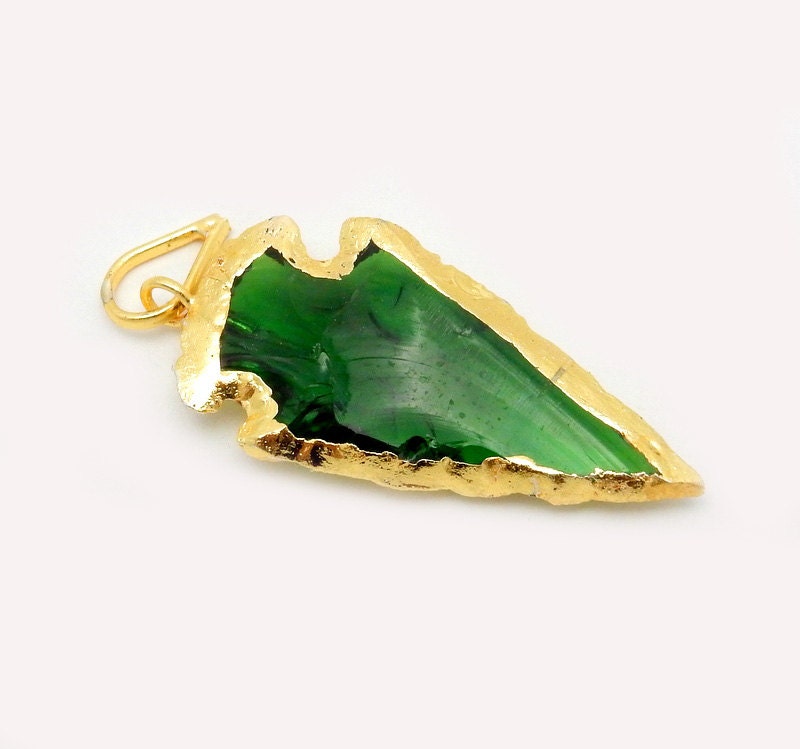 Green Glass Arrowhead Pendant Charm Edged in Electroplated 24k Gold ...