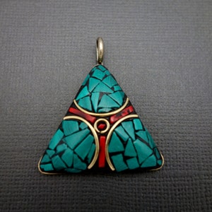 Triangle Pendant Turquoise Brass and Coral Color Tibetan Charm S29B8-02 ...