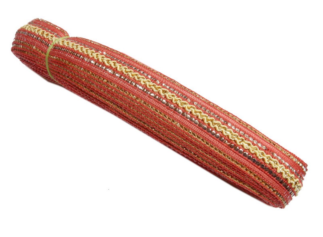 Sari Ribbon 27ft Gold & Coral Sari Ribbon With Siler and - Etsy