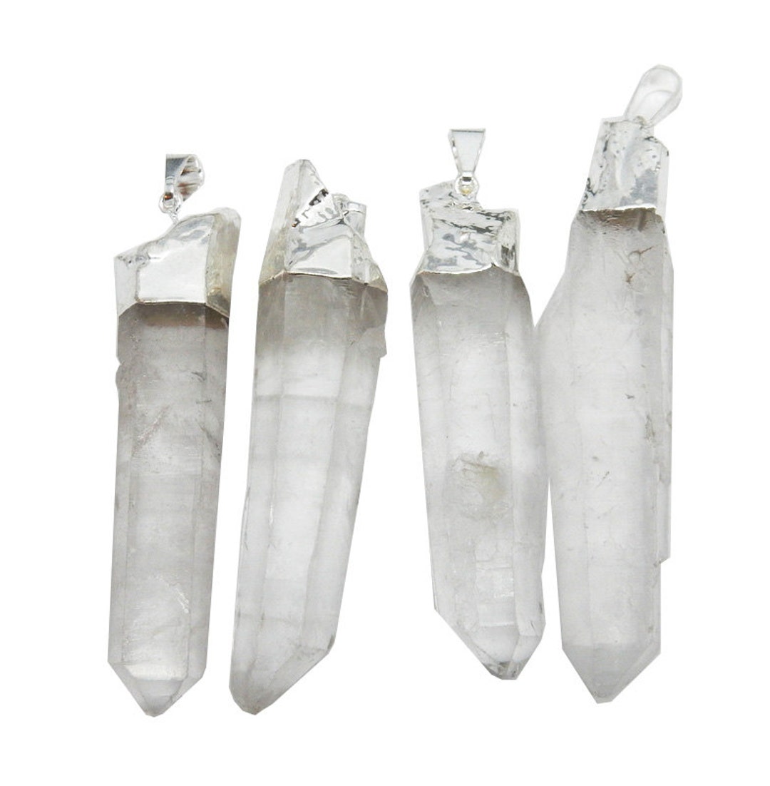 Thin Long Crystal Quartz Point Pendant With Electroplated Silver Cap ...
