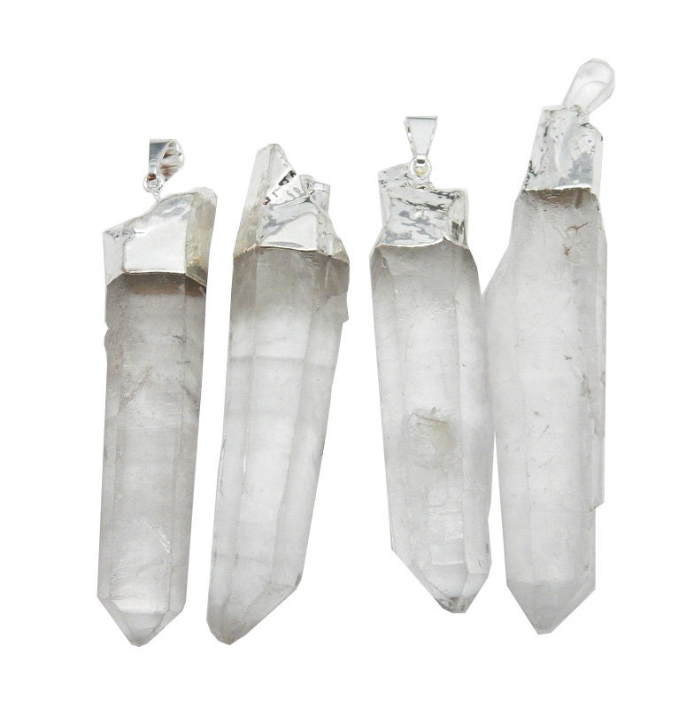 Thin Long Crystal Quartz Point Pendant With Electroplated - Etsy