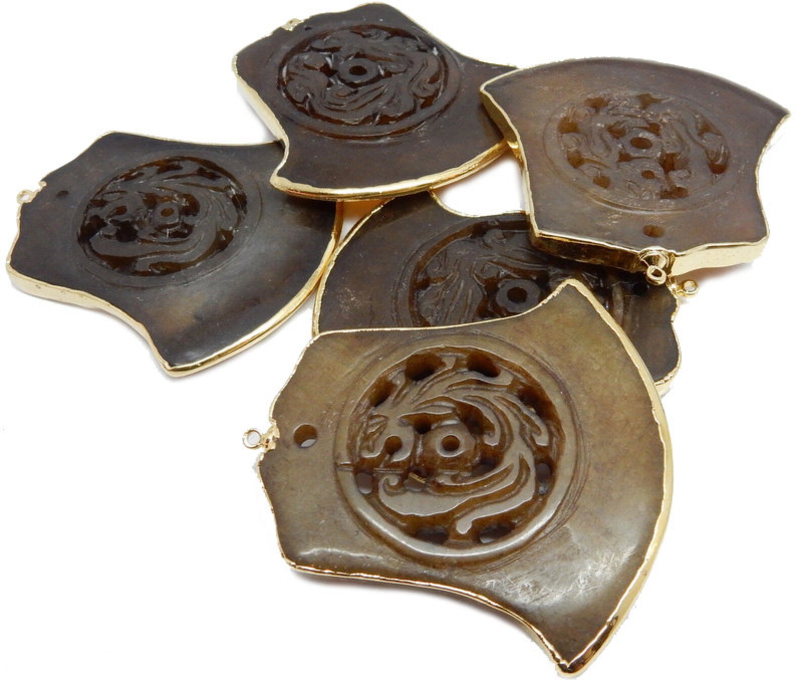 Dark Brown Jade Shield Pendant With Intricate Carved Center - Etsy