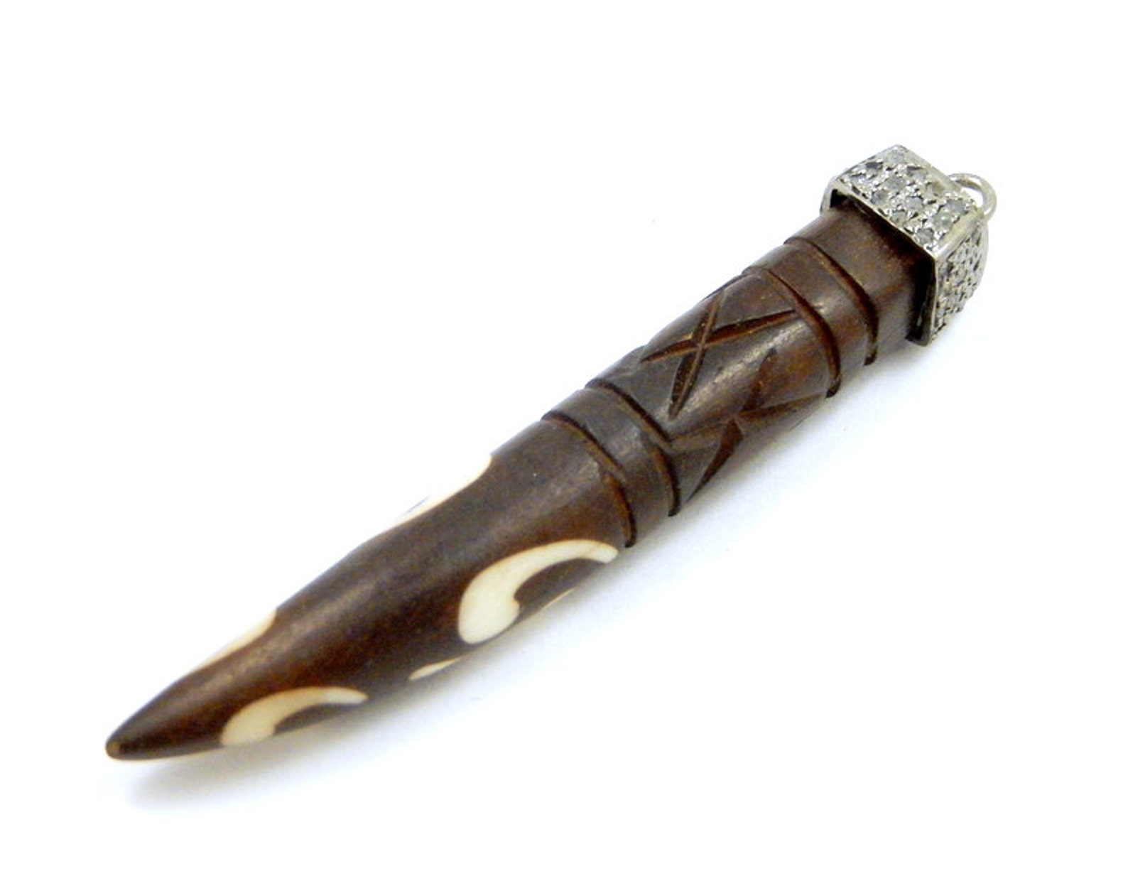 Pave Diamond Brown Carved Bone Horn Pendant Set in an Oxidized - Etsy