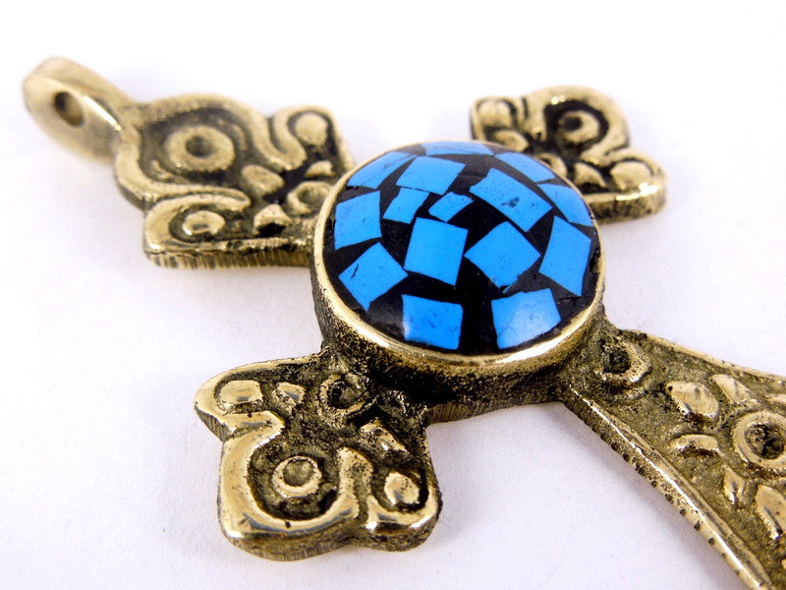 Large Brass Cross - Tibetan Cross - Cross With Turquoise Mosaic Inlay ...