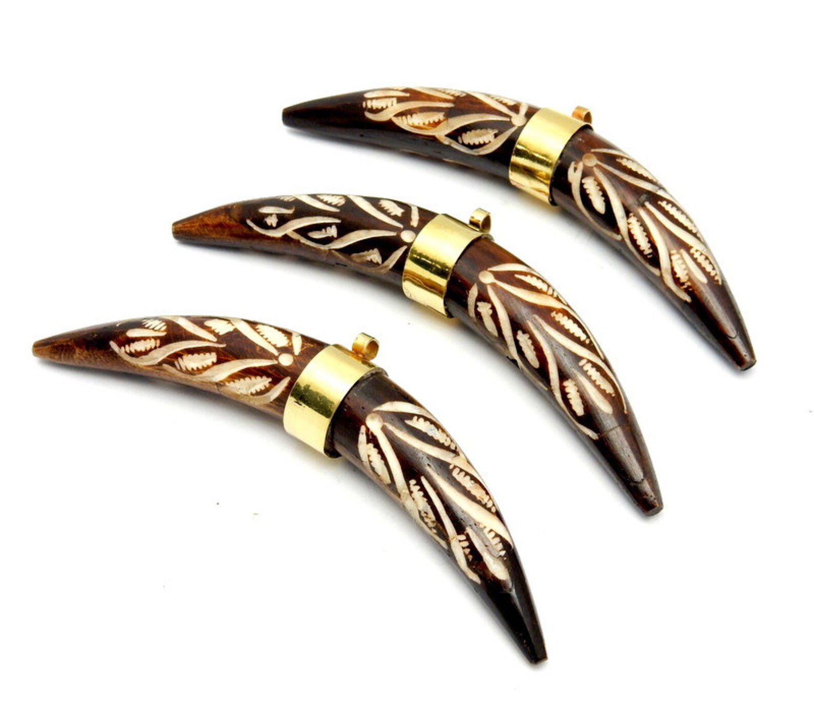 Brown Bone Carved Sideways Horn Pendant With Carved Leaf Accents and ...