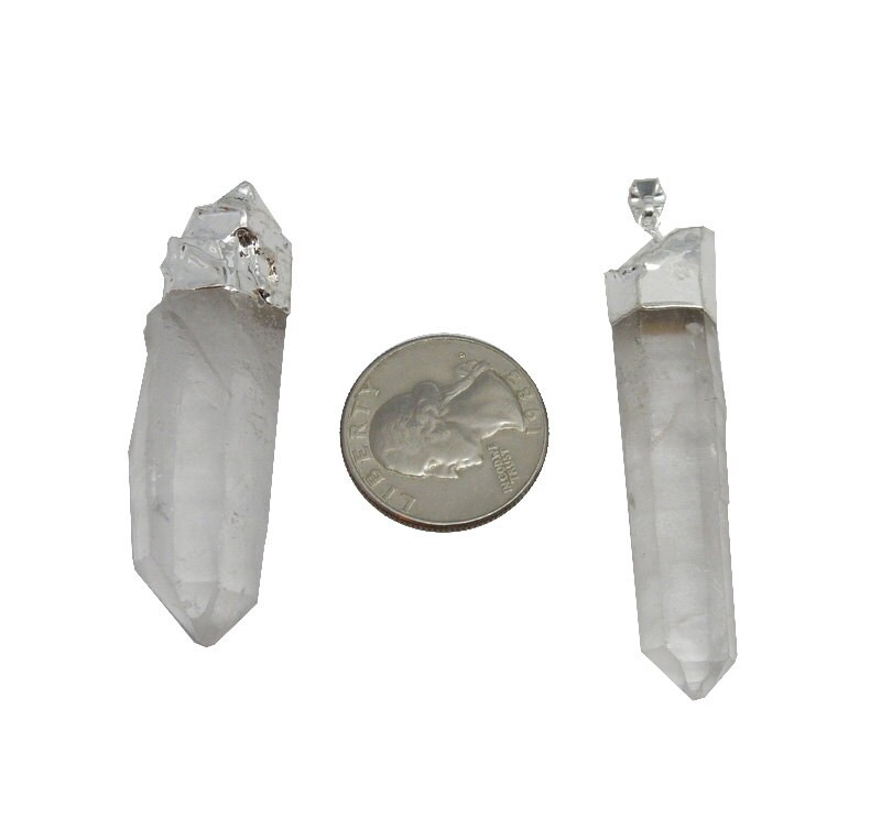 Thin Long Crystal Quartz Point Pendant With Electroplated - Etsy