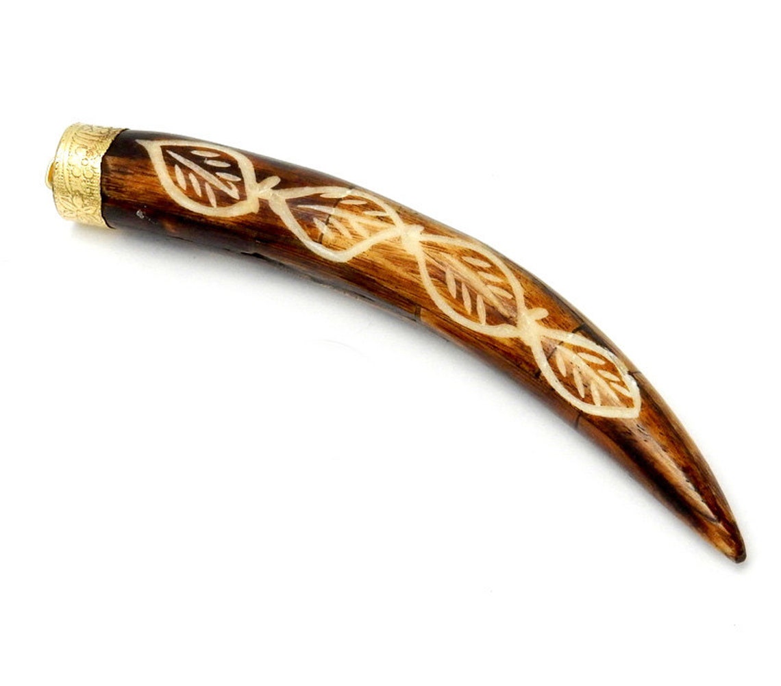 Large Brown Bone Horn Pendant With Leaf Engravings and Brass Cap (S58B2 ...