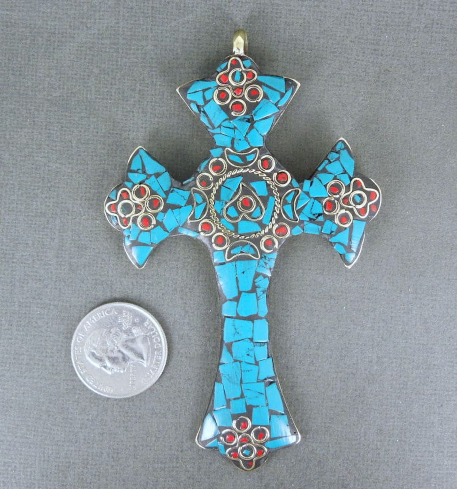 Large Brass Cross - Tibetan Cross - Cross With Turquoise, Red Coral and ...