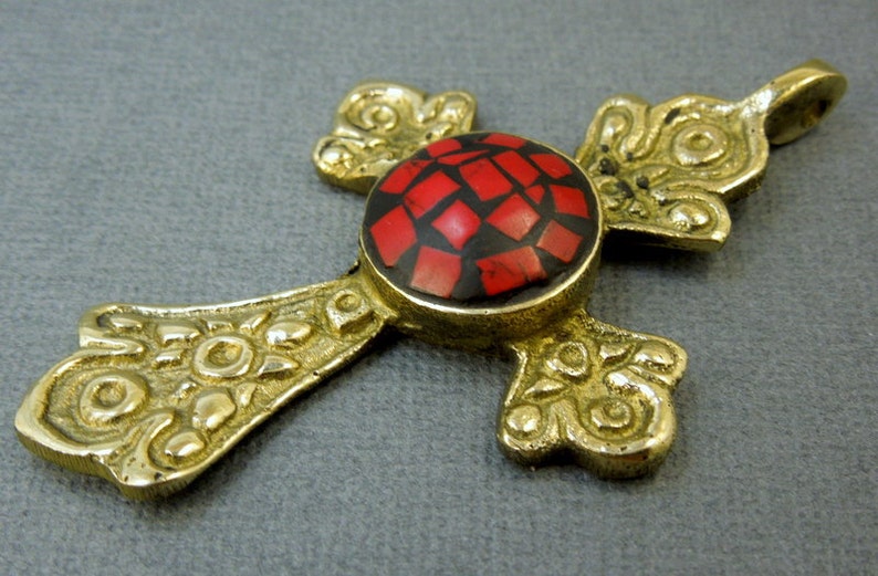 Large Brass Cross - Tibetan Cross - Cross With Dyed Red Coral Mosaic ...