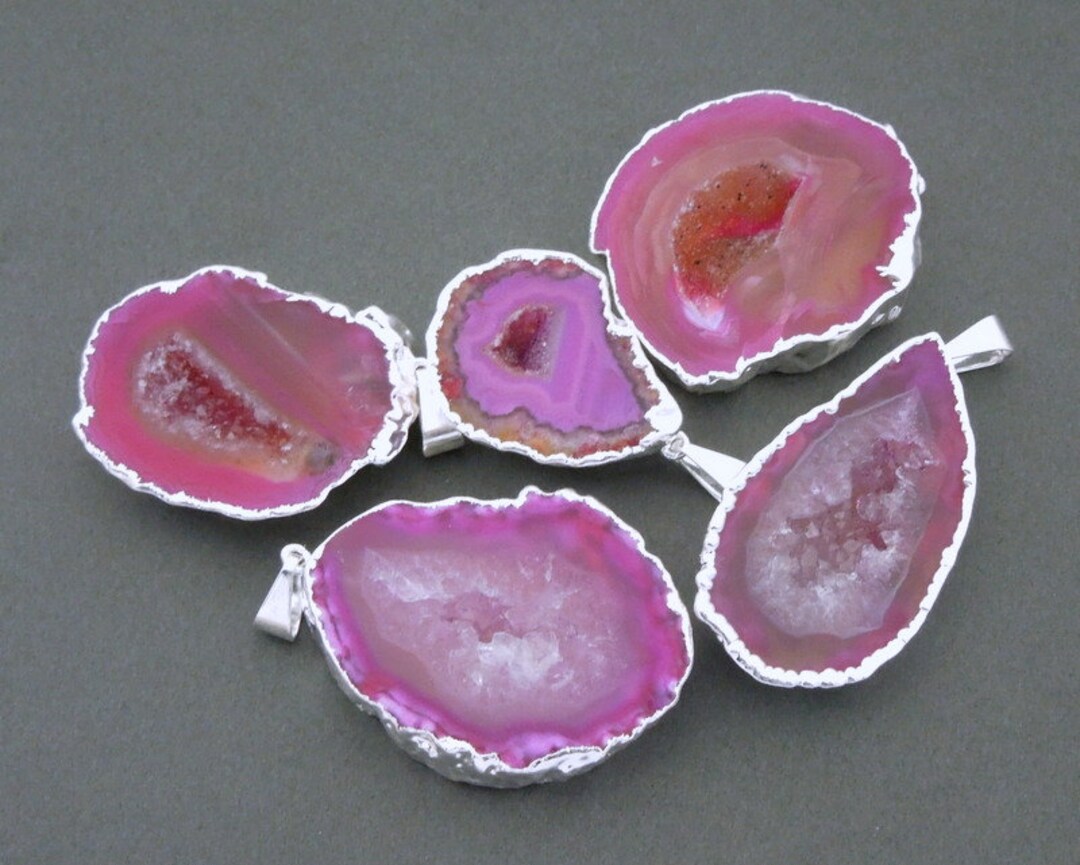 Hot Pink Geode Half Druzy Crystal Pendant -- Silver Electroplated ...