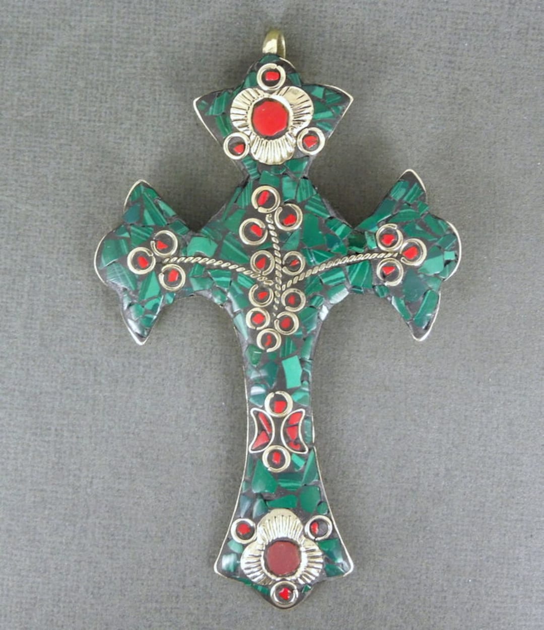 Large Brass Cross - Tibetan Cross - Cross With Malachite, Red Coral and ...