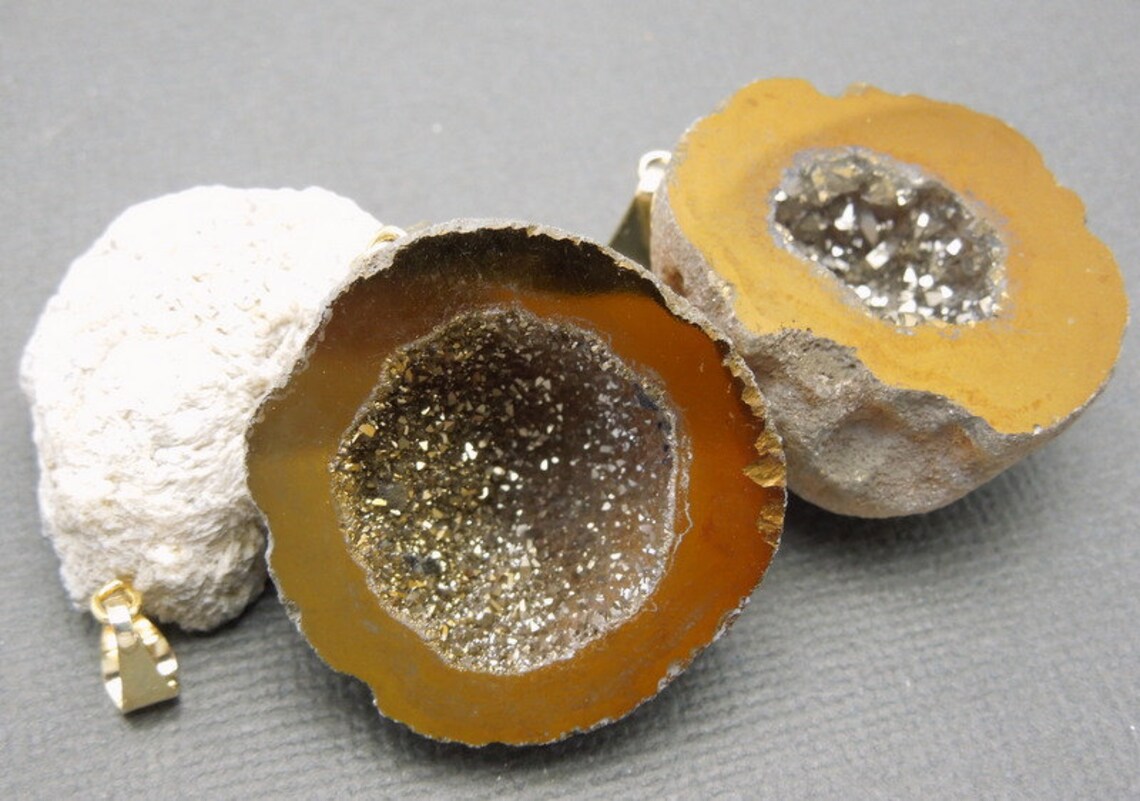 Quartz Geode Half Druzy Pendant Copper Titanium Treated Raw | Etsy