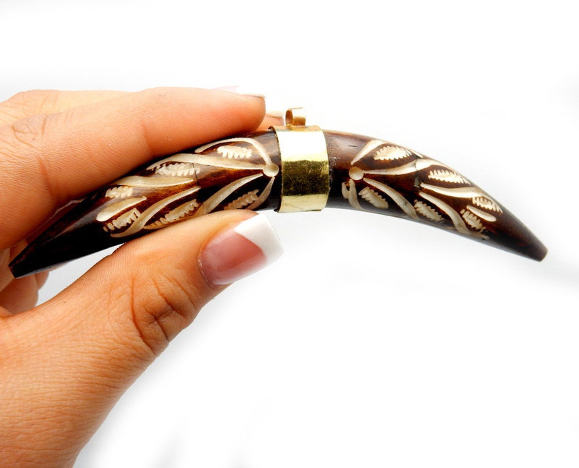 Brown Bone Carved Sideways Horn Pendant With Carved Leaf - Etsy