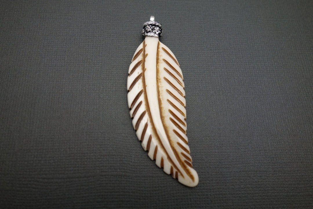 Bone Feather Pendant White Large Feather Pendant With Silver Plated Top ...