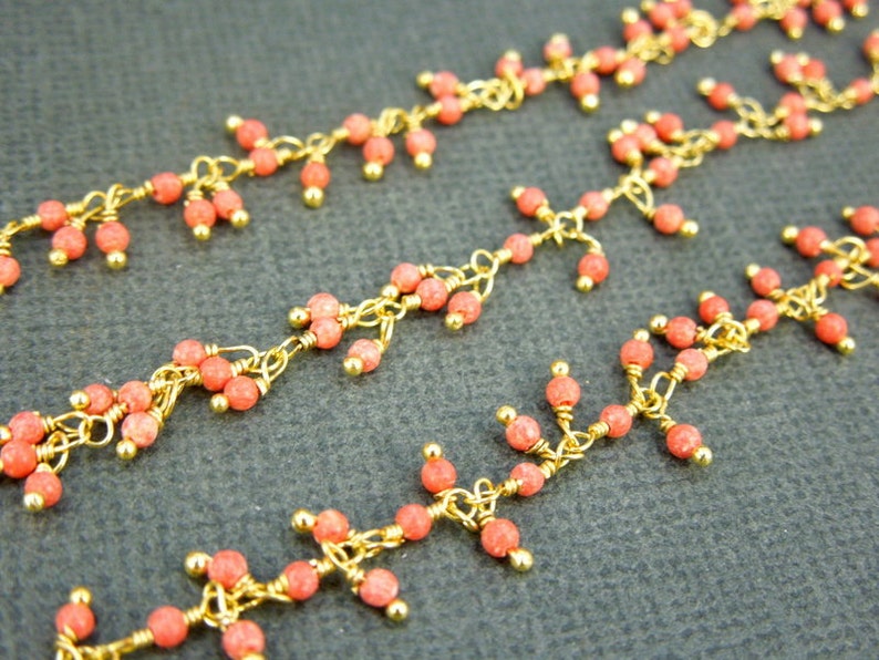 Red Coral Gold Wire Wrapped Chain-- Red Coral Dangle Chain-- BY THE ...
