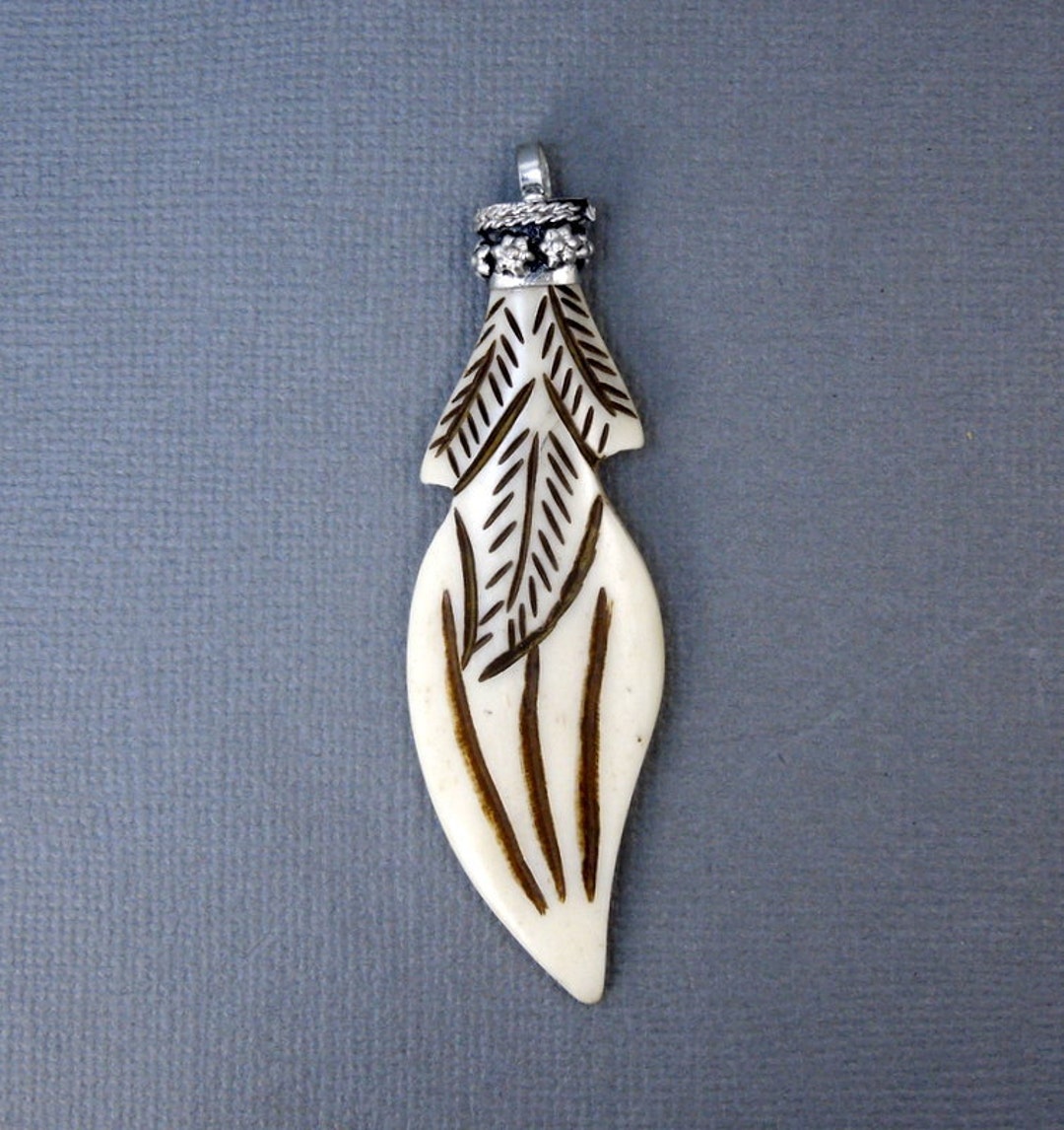 Bone Feather Pendant- Carved Bone Feather Pendant With Silver Toned ...