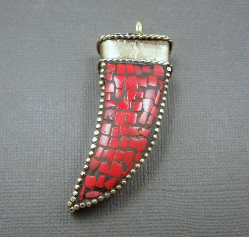 Red Coral Mosaic Horn With Brass Cap and Bail - (S77B3-03) - Etsy