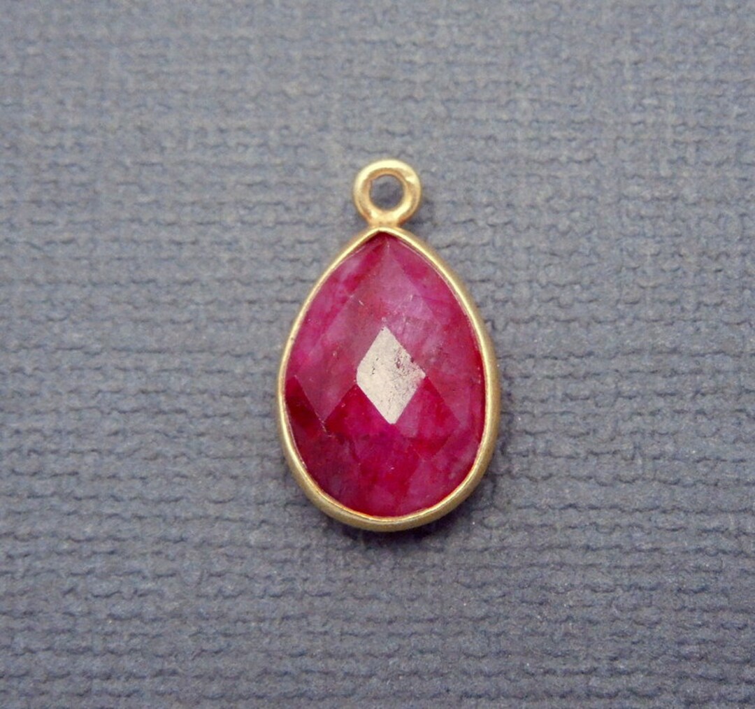 Dyed Ruby Teardrop Station Charm Pendant- 9mm X 13mm Gold Vermeil Bezel ...