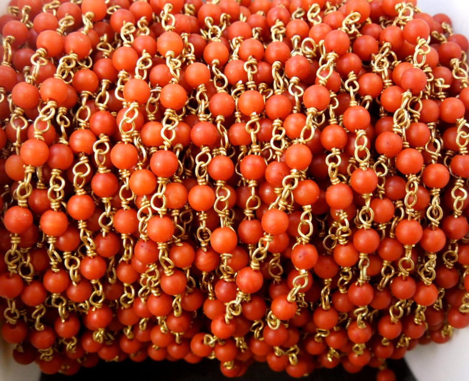 Red Coral Colored Beads on Gold Over Sterling Silver Wire Wrapped Chain ...