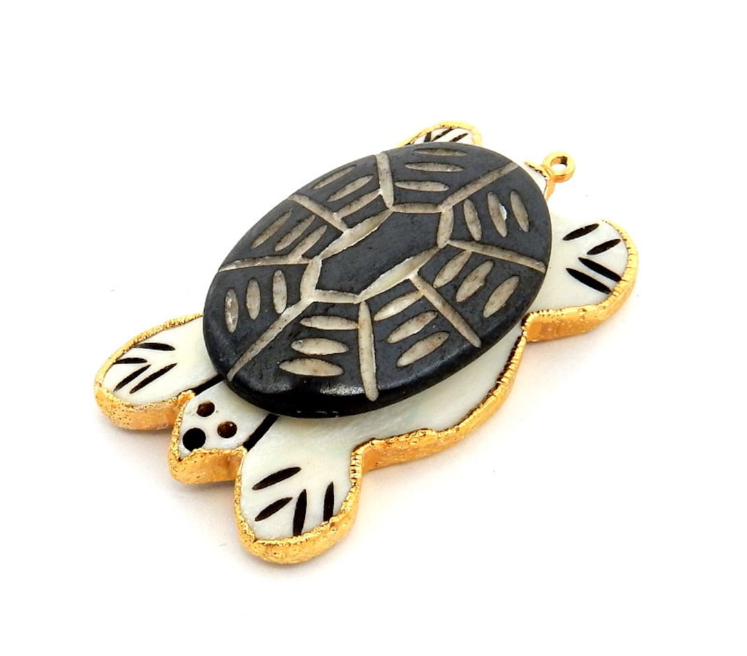Carved Bone Turtle Pendant With 24K Gold Electroplated Edge and Bail ...