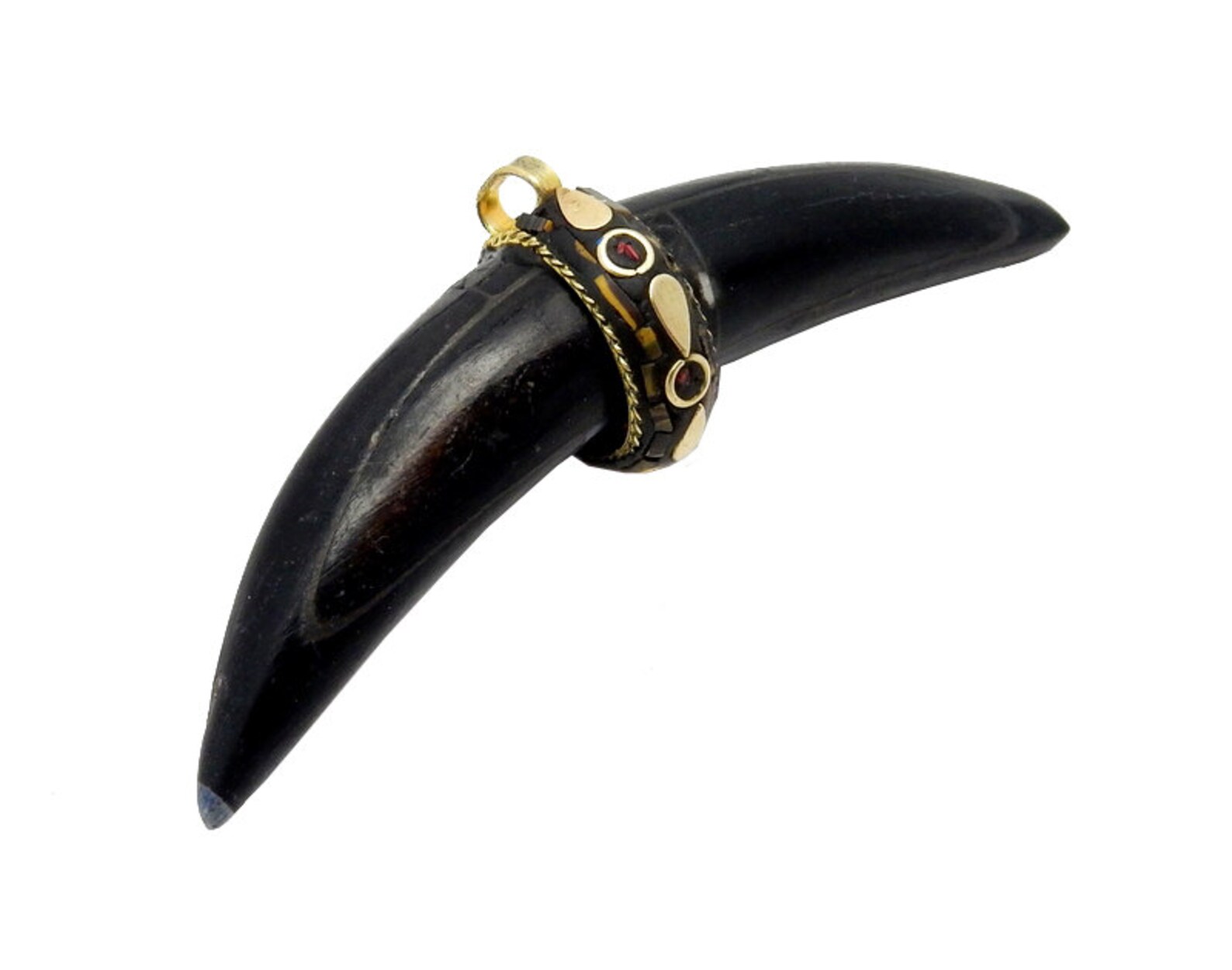 Black Bone Carved Sideways Horn Pendant With Brass Band and Red Coral ...