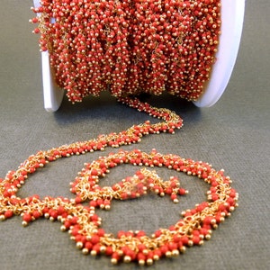 Red Coral Gold Plated Wire Wrapped Chain-- Red Coral Dangle Chain-- by ...