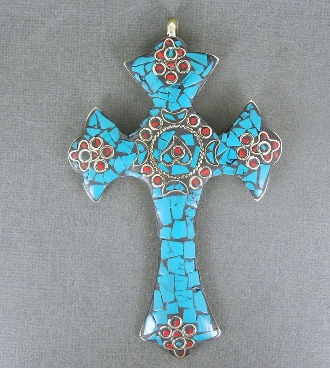Large Brass Cross - Tibetan Cross - Cross With Turquoise, Red Coral and ...