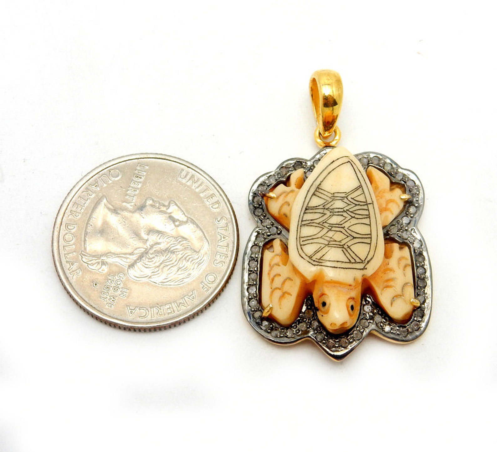 Brown Bone Turtle in a Gold Over Oxidized Sterling Silver and Pave ...