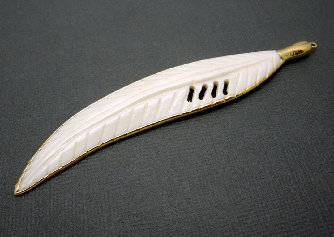 Bone Feather Pendant-- Extra LARGE White Carved Bone Feather Pendant ...