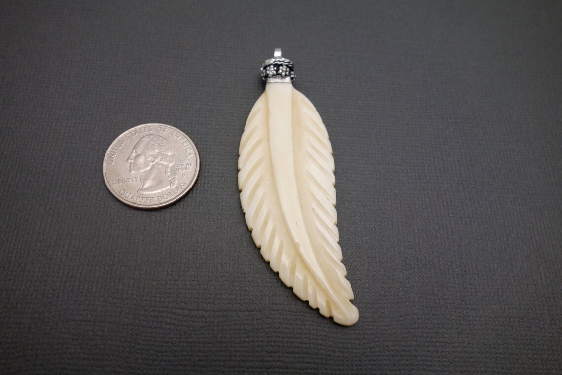 Bone Feather Pendant White Large Feather Pendant With Silver Plated Top ...