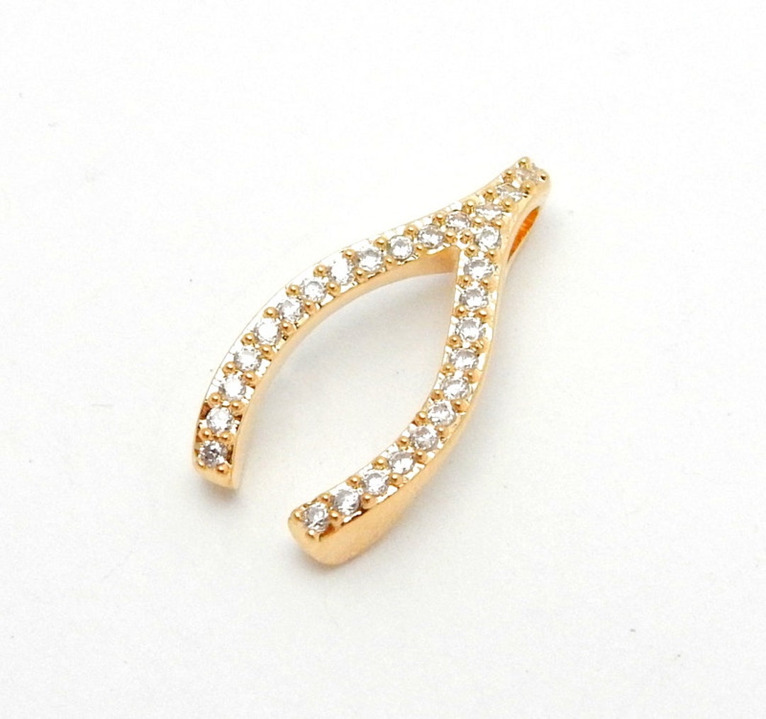 Wishbone Charm -- Gold Plated Wishbone Pendant With CZ Rhinestone Pave ...