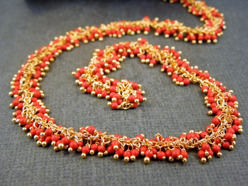 Red Coral Gold Plated Wire Wrapped Chain Red Coral Dangle | Etsy