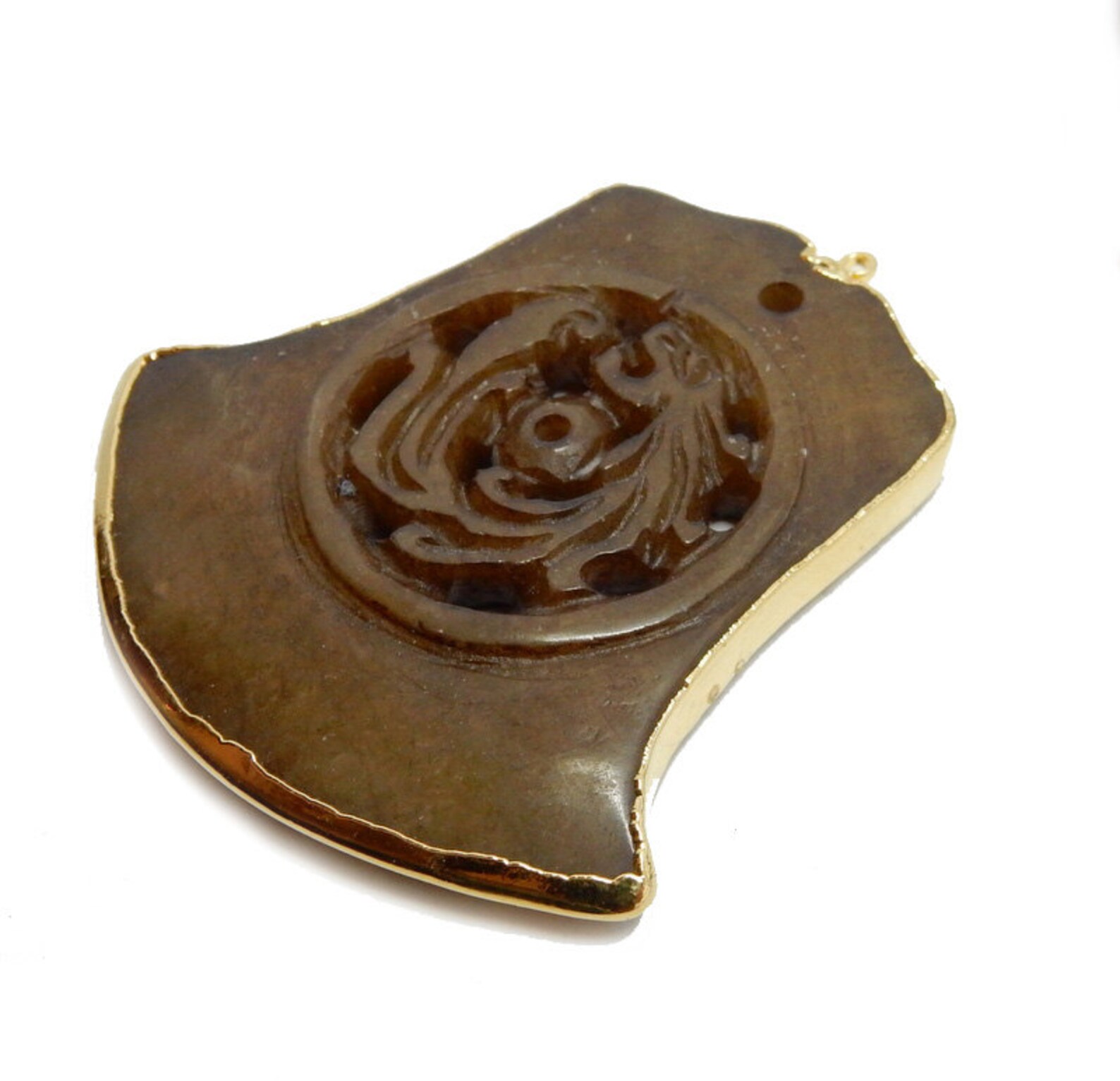Dark Brown Jade Shield Pendant With Intricate Carved Center - Etsy