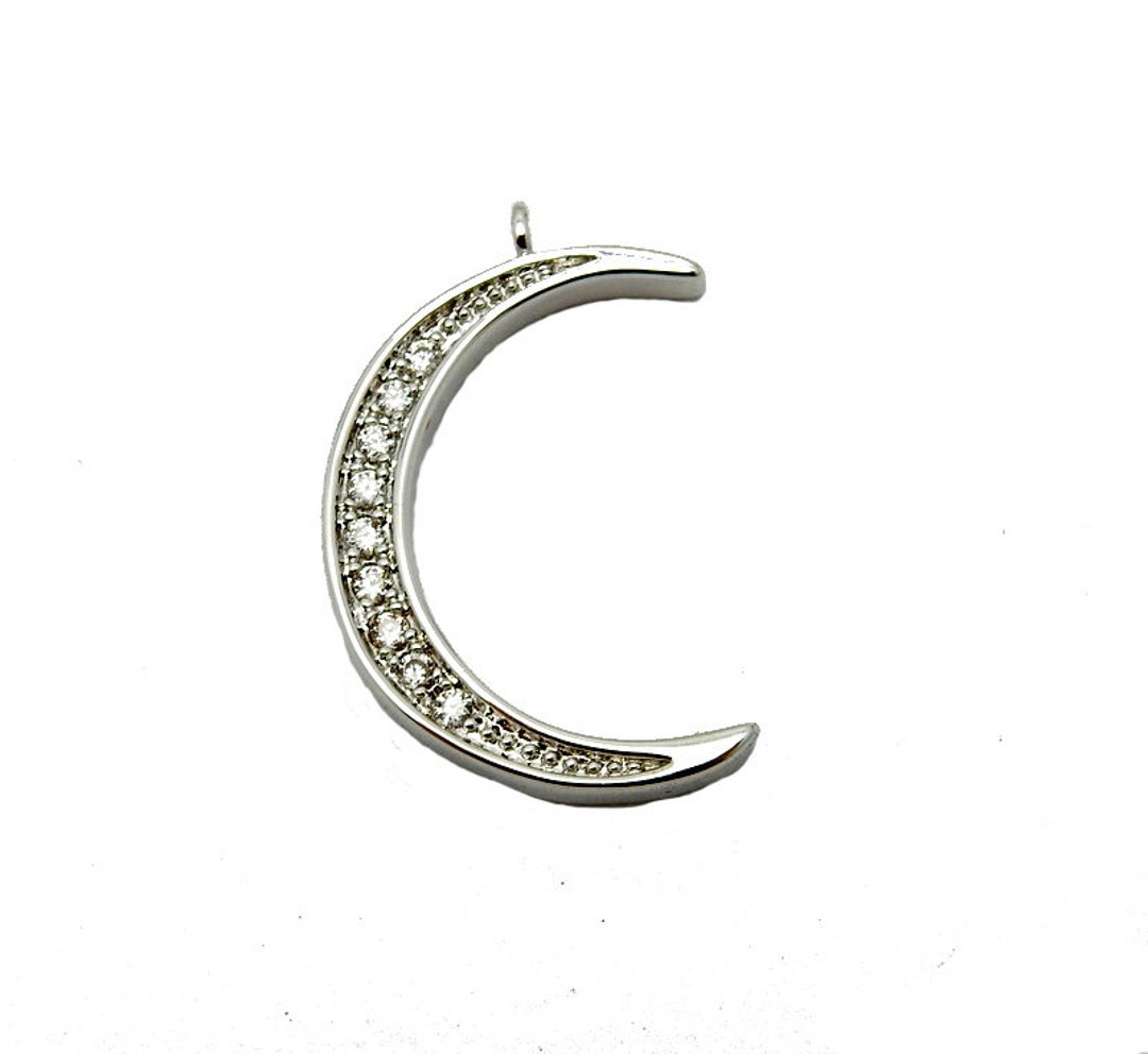 Half Moon Charm -- Silver Plated Half Moon Pendant With Rhinestone Pave ...