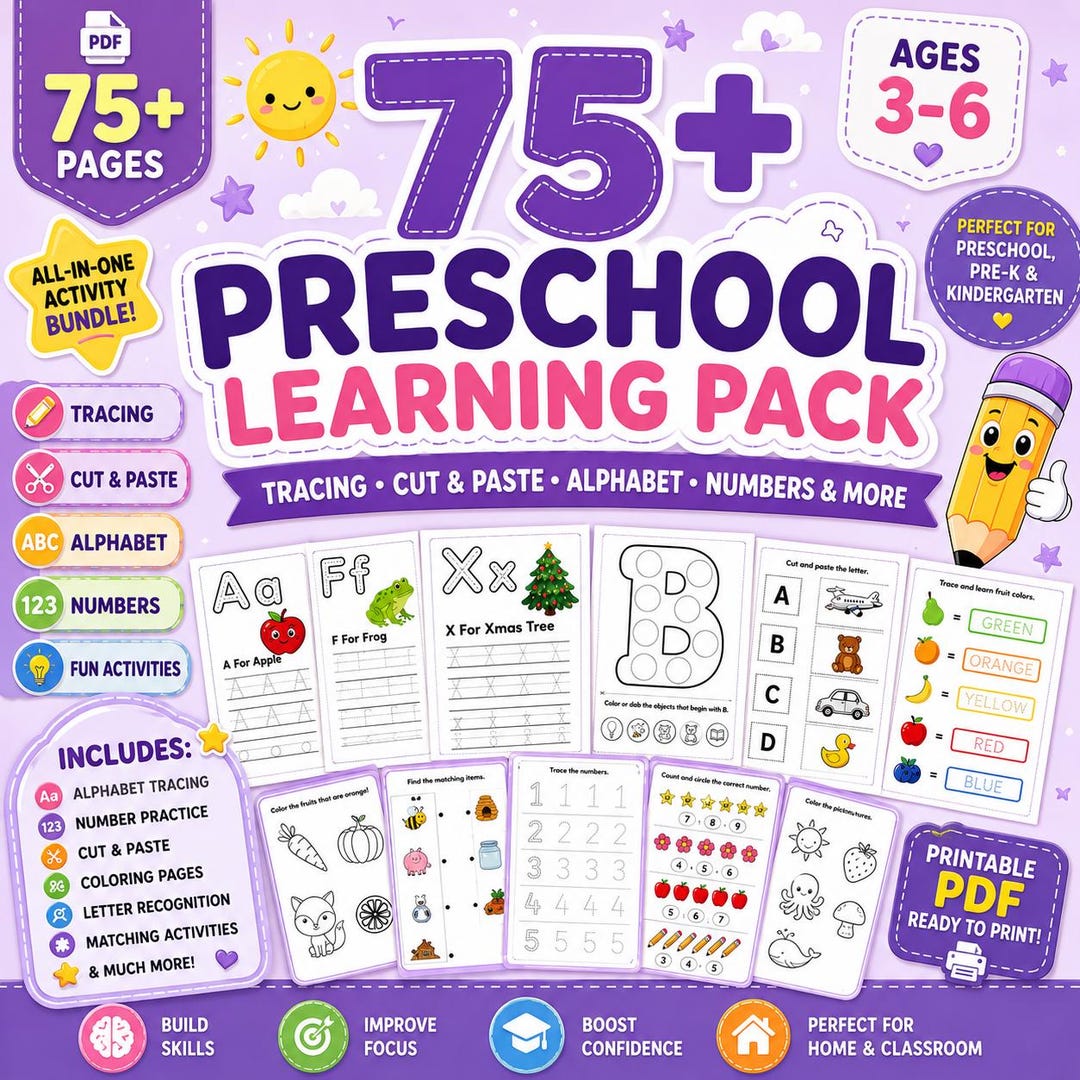 75+ Preschool Learning Pack | Tracing, Cut & Paste, Alphabet, Numbers ...