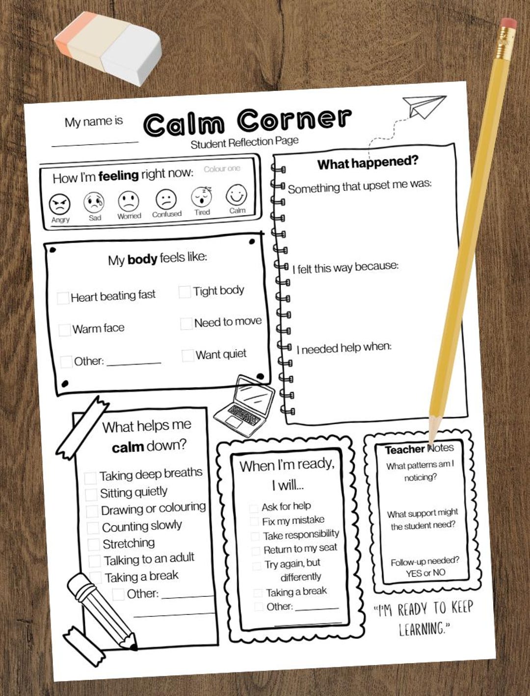 Calm Corner Reflection Sheets | SEL Calming Tool | Emotional Regulation ...