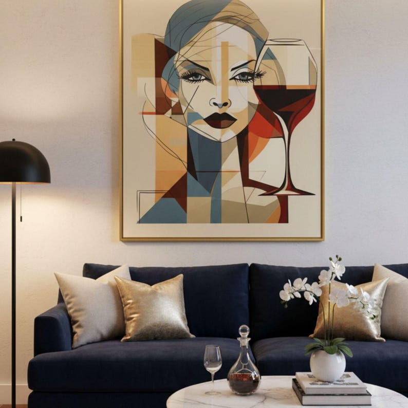 Abstract Woman Wall Art | Cubist Face, Wine Glass Print (digital ...