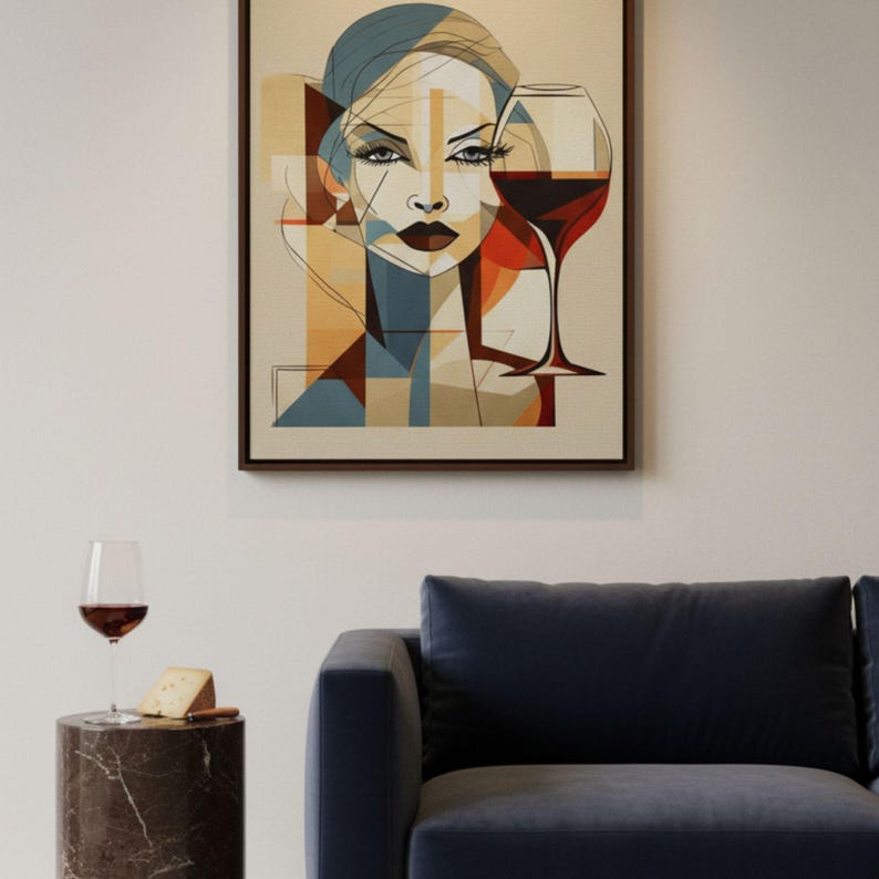Abstract Woman Wall Art | Cubist Face, Wine Glass Print (digital ...